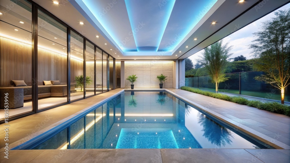 Elegant modern pool with LED lighting in sleek glass-walled indoor ...