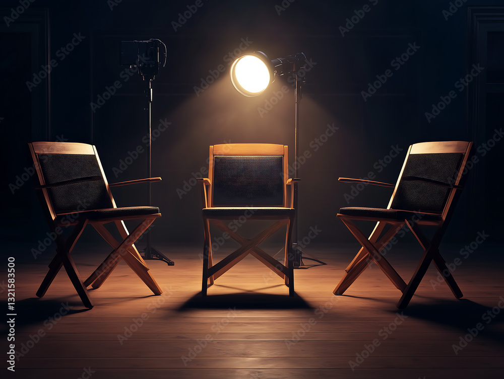 Film interview setup with three empty director chairs under a dramatic ...