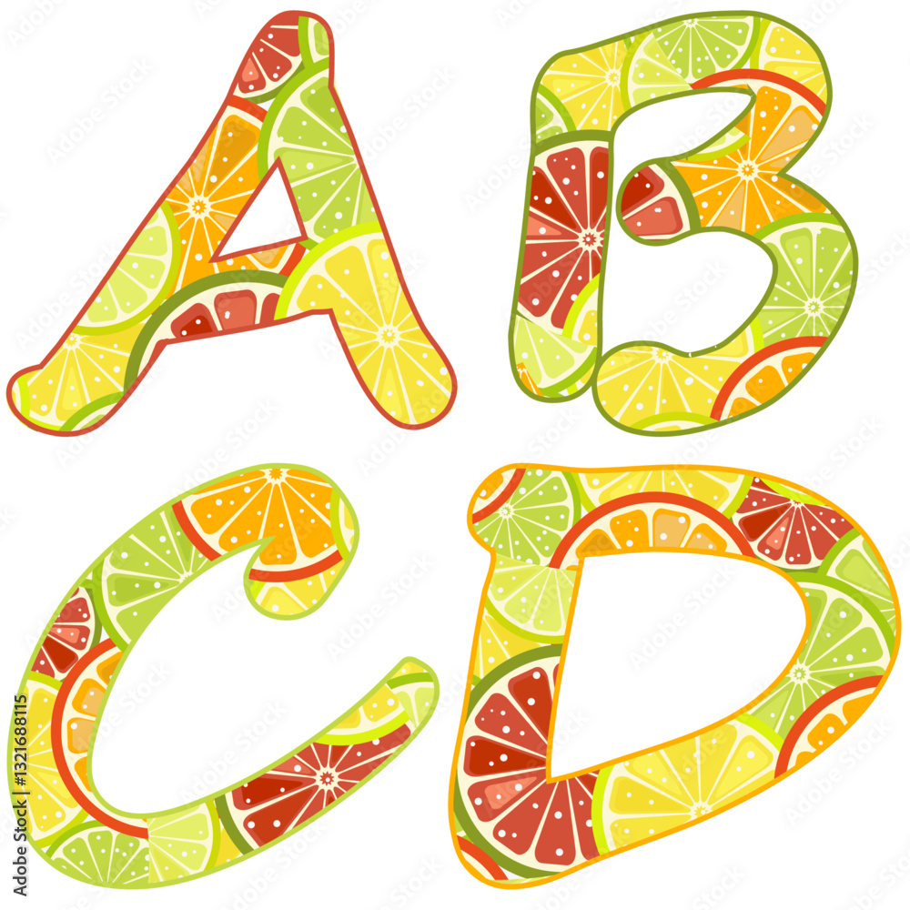 Vector letters of the English alphabet with colorful hand drawn citrus ...