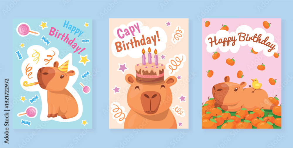 Capybara cards. Capybaras birthday party greeting card invitation ...