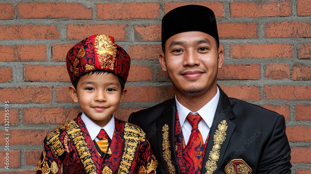 Smiling Father and Son in Traditional Indonesian Attire Against Brick ...