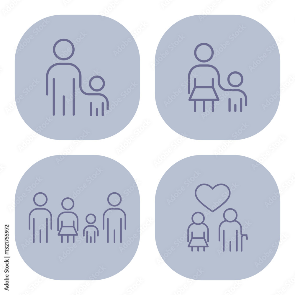 Set of simple line icons representing various family dynamics ...