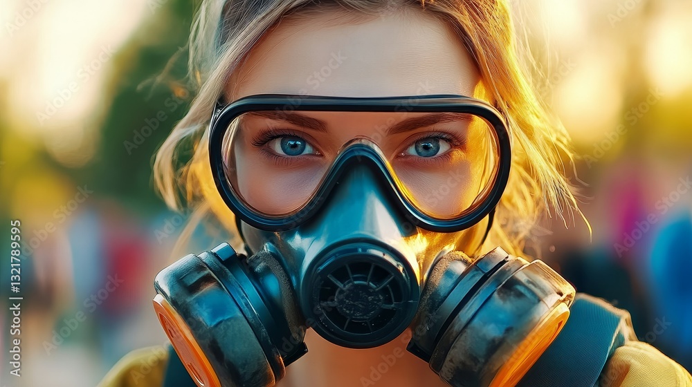 Woman in Gas Mask Air Pollution Protection - A young woman with blue ...