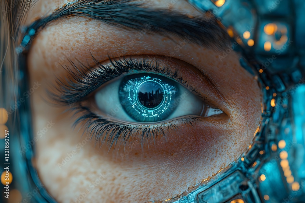 Portrait of a man-robot hybrid, blending organic and mechanical ...