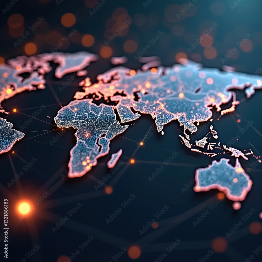 Global logistics network shown as glowing world map with connection lines. Innovation in ...