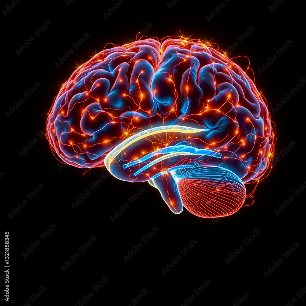 Brain cross-section glowing with neural oscillations, visualizing dopamine pathways and the ...