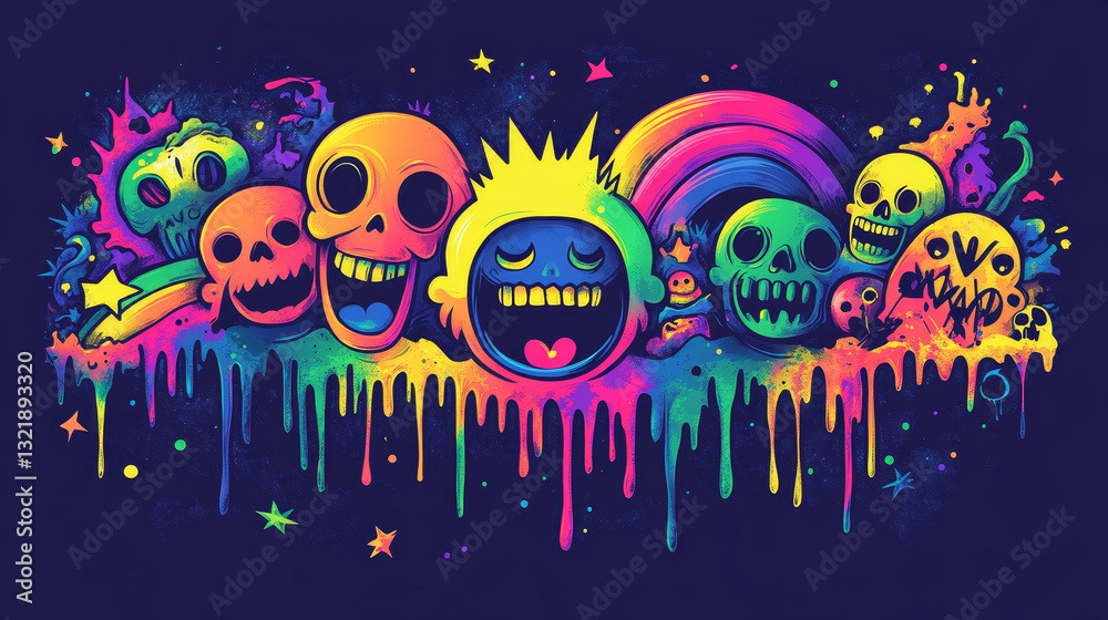 T-shirt design with psychedelic smiley faces, graffiti art. Melting ...