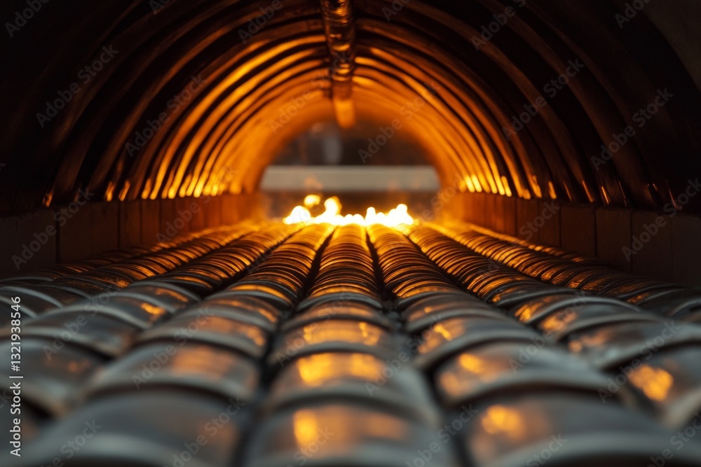 Kiln interior with glowing flames and heated ceramic tiles in ...