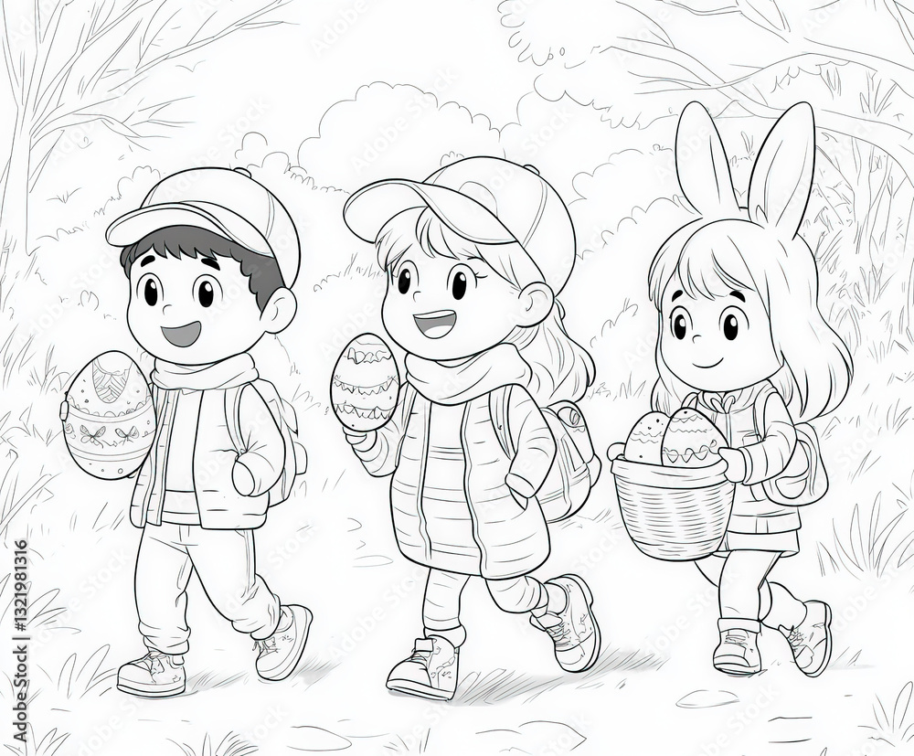 Children participating in an Easter egg hunt, coloring page for kids ...