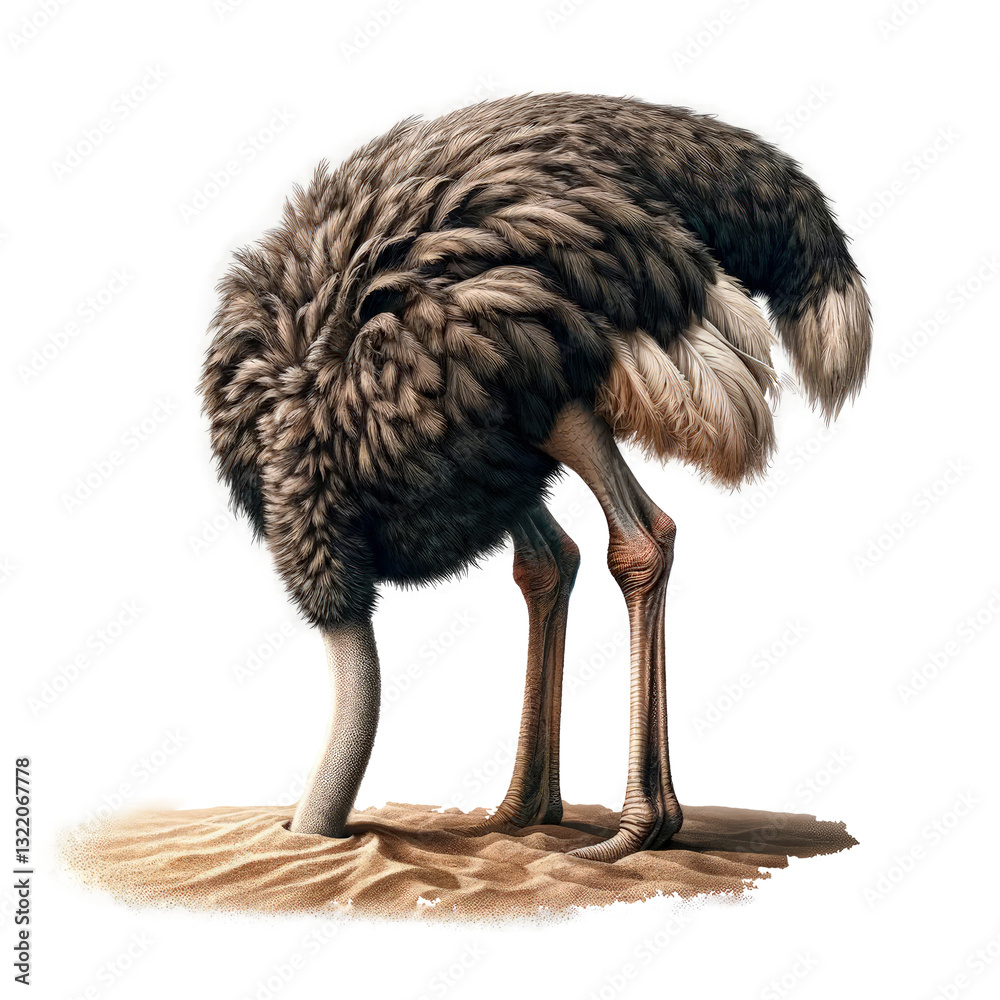 Ostrich with head buried in sand isolated on a transparent background ...