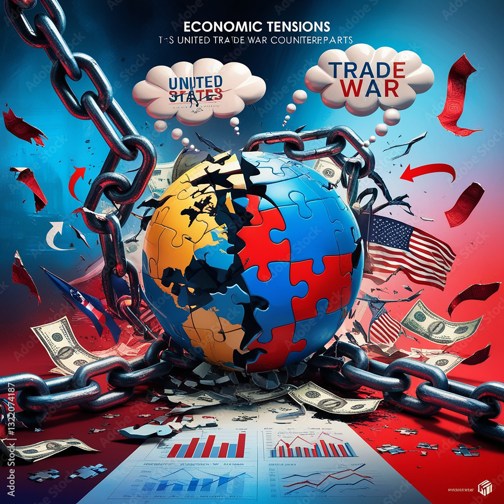 A futuristic digital artwork portraying the US trade war, integrating ...