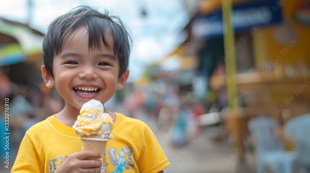 Happy asian child devouring creamy ice cream cone, blurred street food ...