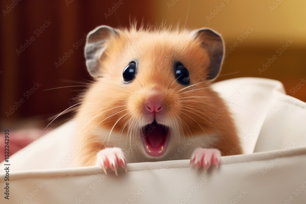 Cute hamster with wide eyes and open mouth expresses surprise while ...