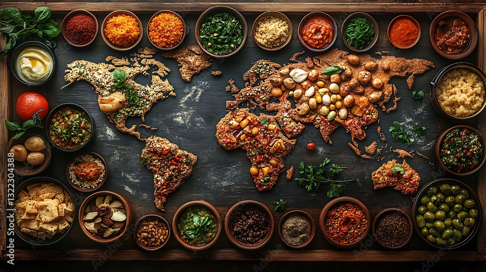 A detailed image of a world map with food dishes from different ...