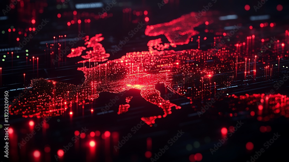 Digital map of Europe with a red alert warning indicating a large-scale ...