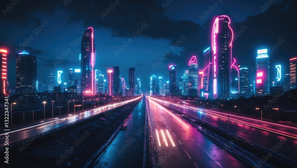 Night city of the future. Against a dark background, a skyline ...