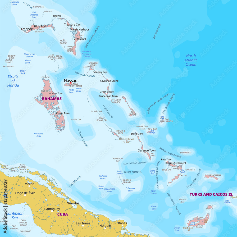 Detailed political physical Map of The Bahamas Stock Vector | Adobe Stock
