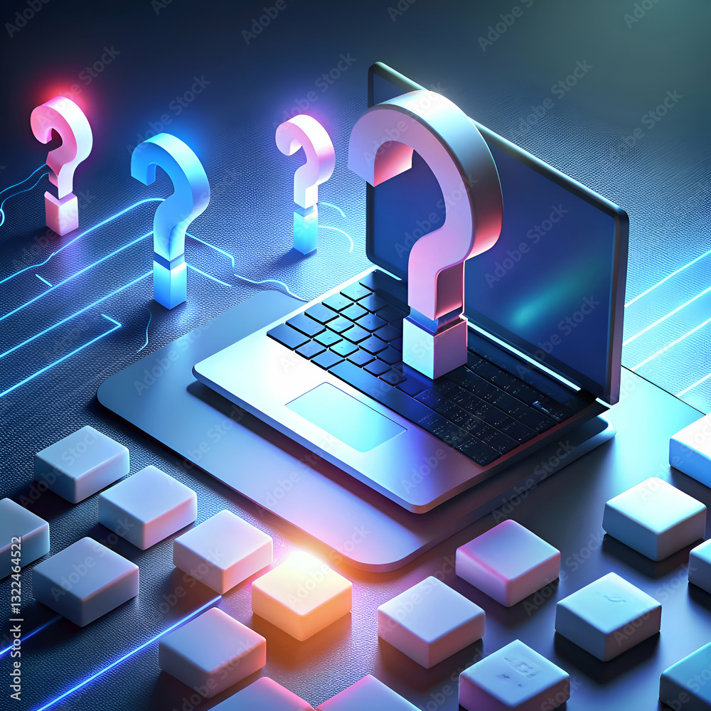 Laptop with Neon Question Marks. Exploring Digital Questions and ...