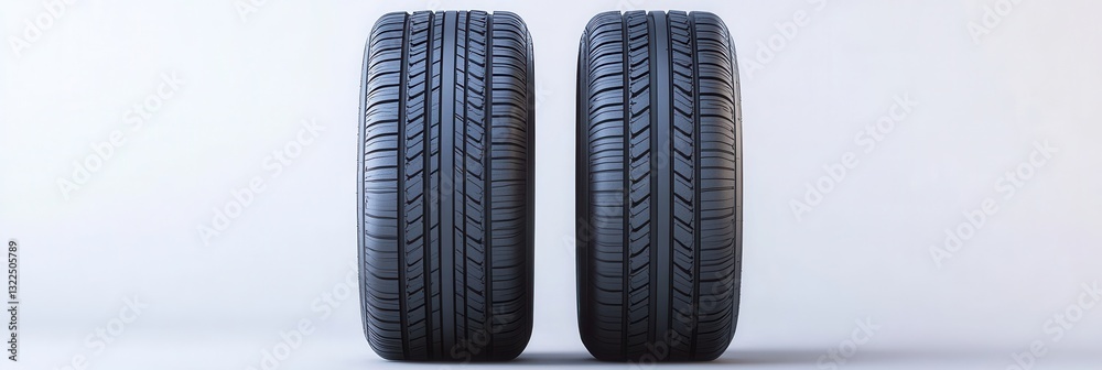 Two car tires on white background showcasing detailed tread patterns for comparison and analysis ...