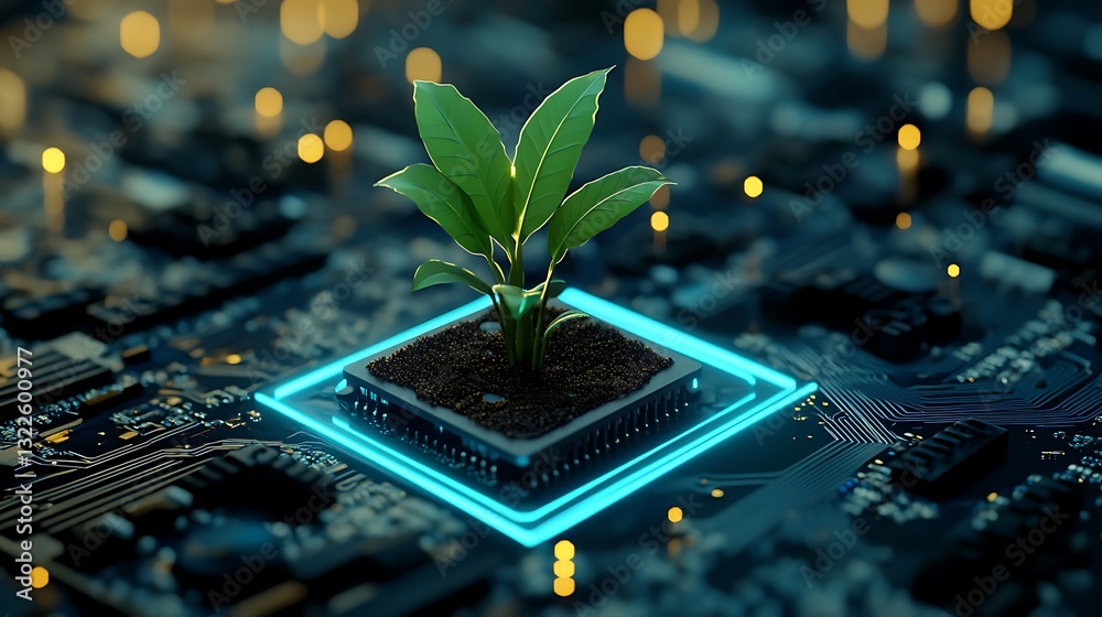 Tech Bloom: A sprout emerges from a glowing circuit board, symbolizing ...