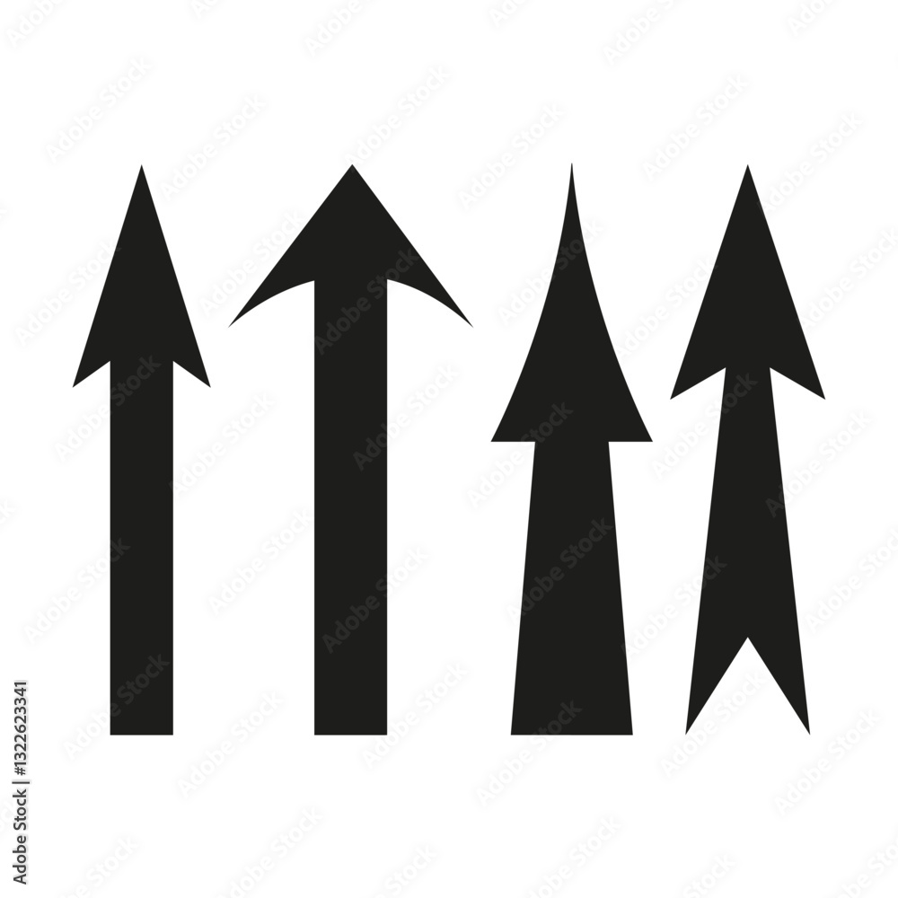 Upward arrow icons. Black vector symbols. Straight line shapes. White ...