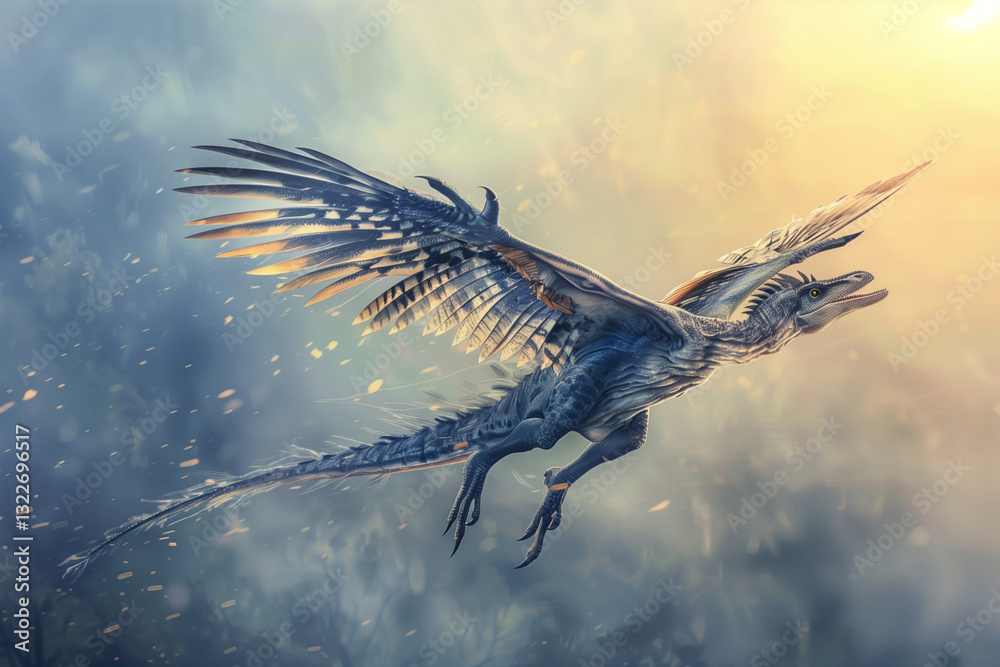 Microraptor dinosaur with feathers flying high over prehistoric jungle trees in a Jurassic ...