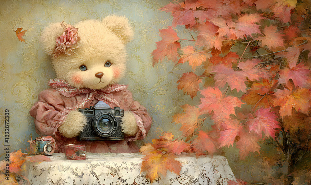 Adorable teddy bear photographer in autumn setting, holding vintage ...