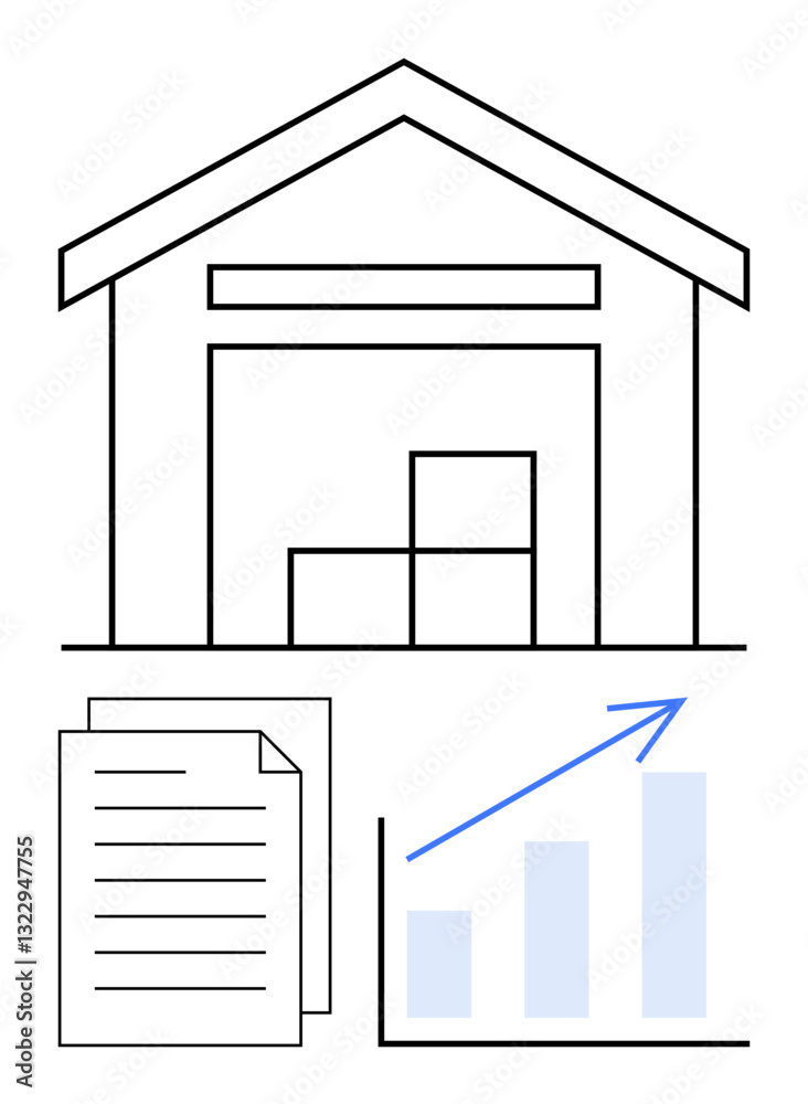 Warehouse outline, stacked boxes, bar chart with growth arrow, and ...