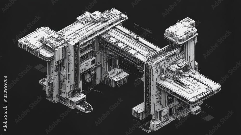 Isometric wireframe illustration of a Harkonnen brutalist urban ...