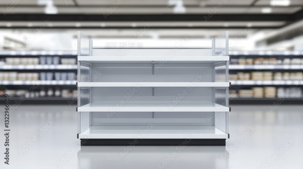 An empty store display shelf is shown in a 3D image. It has three ...
