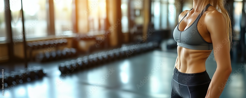 Beautiful woman working out in the gym, showcasing her toned abdominal ...