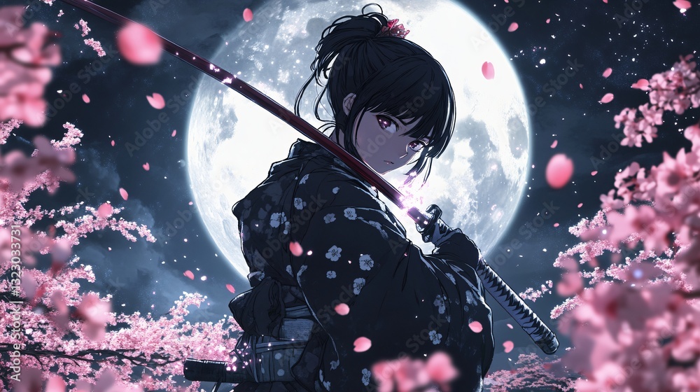 Pixel Art Anime Samurai Girl with Sword Under Full Moon and Cherry ...