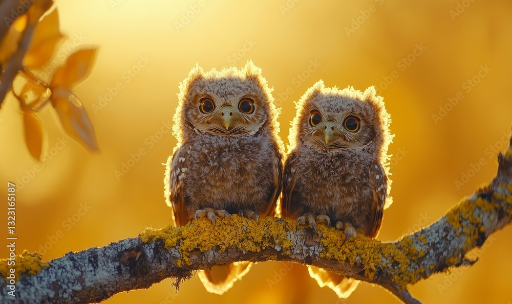 Two eurasian scops owl, otus scops, chicks sitting on a bough with yellow moss in spring at ...