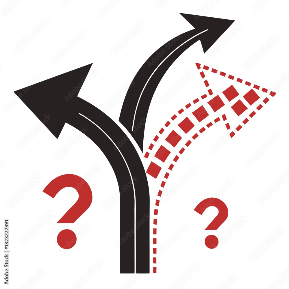 Black and white three-way directional arrow symbol, road sign icon for navigation, choice ...