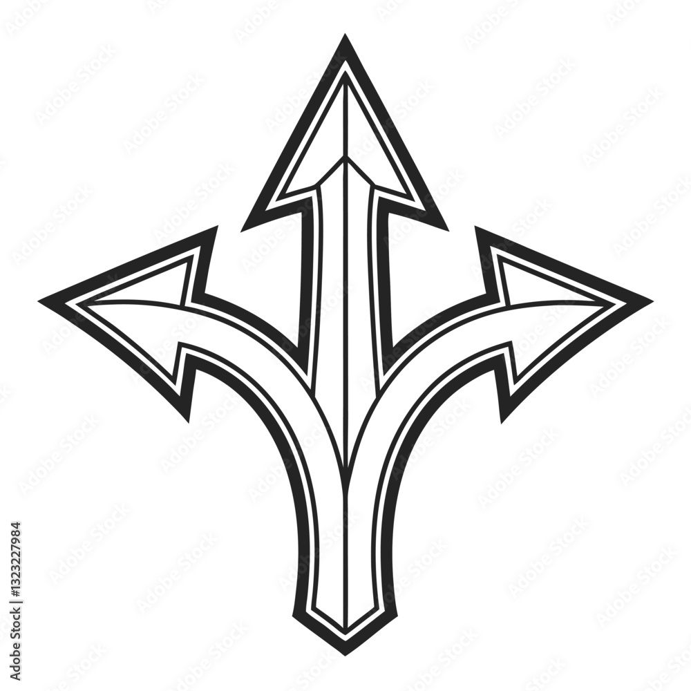 Black and white three-way directional arrow symbol, road sign icon for navigation, choice ...