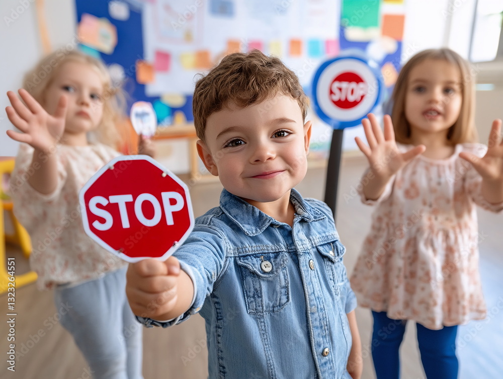 Children engaging in playful learning about traffic signs in a colorful ...