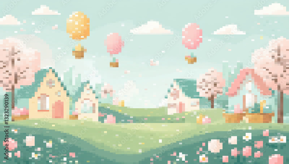 8-bit pixel art fantasy village with pastel houses, cherry blossom ...
