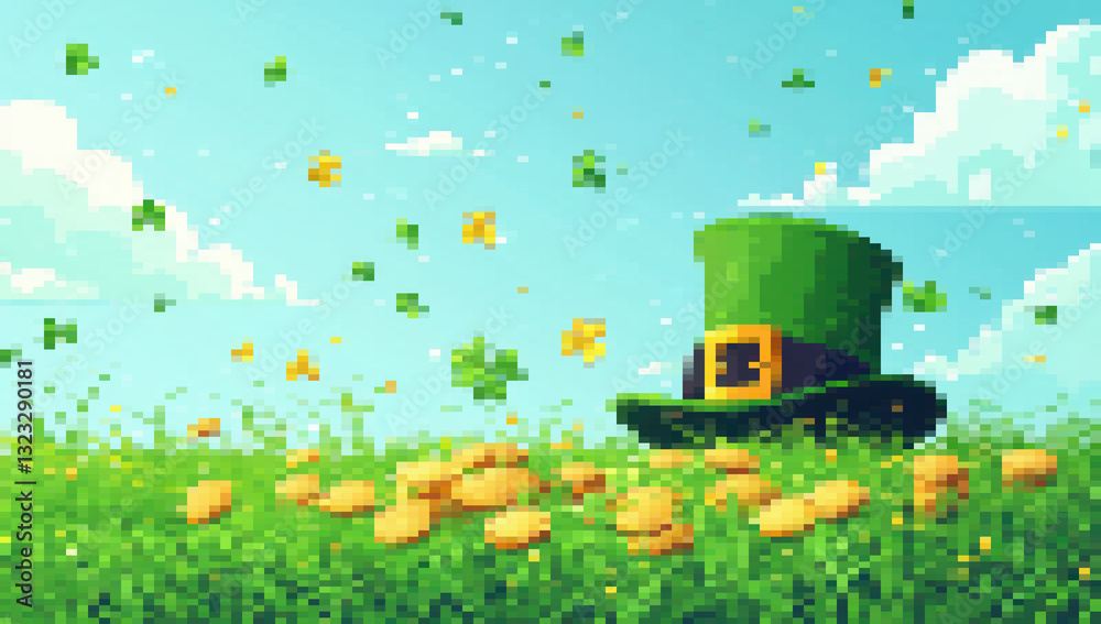 8-bit pixel art St. Patrick’s Day scene with a leprechaun hat, clovers ...
