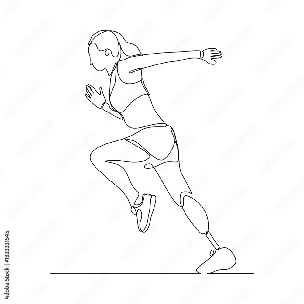 Continuous line of female amputee athlete runner with prosthetic legs ...