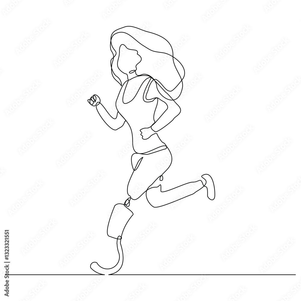 Continuous line of female amputee athlete runner with prosthetic legs ...
