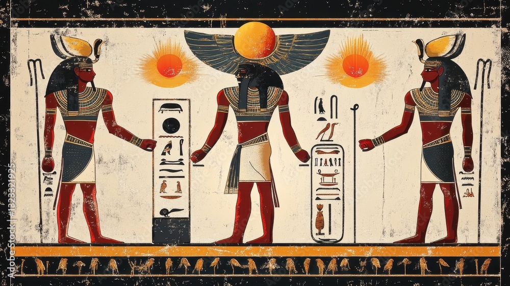 Ancient egyptian deities depicted in traditional art with hieroglyphs ...
