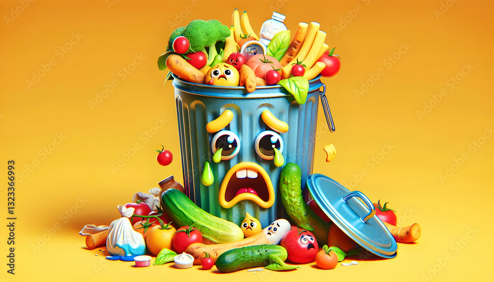 Food Waste A cartoonish, exaggerated depiction of an overflowing trash ...