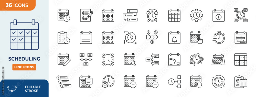 Scheduling icon set. Contains icons related to time and schedule ...