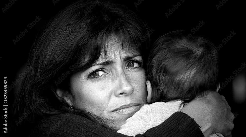 Woman Holding Child With a Worried Expression, Conveying Concern and ...
