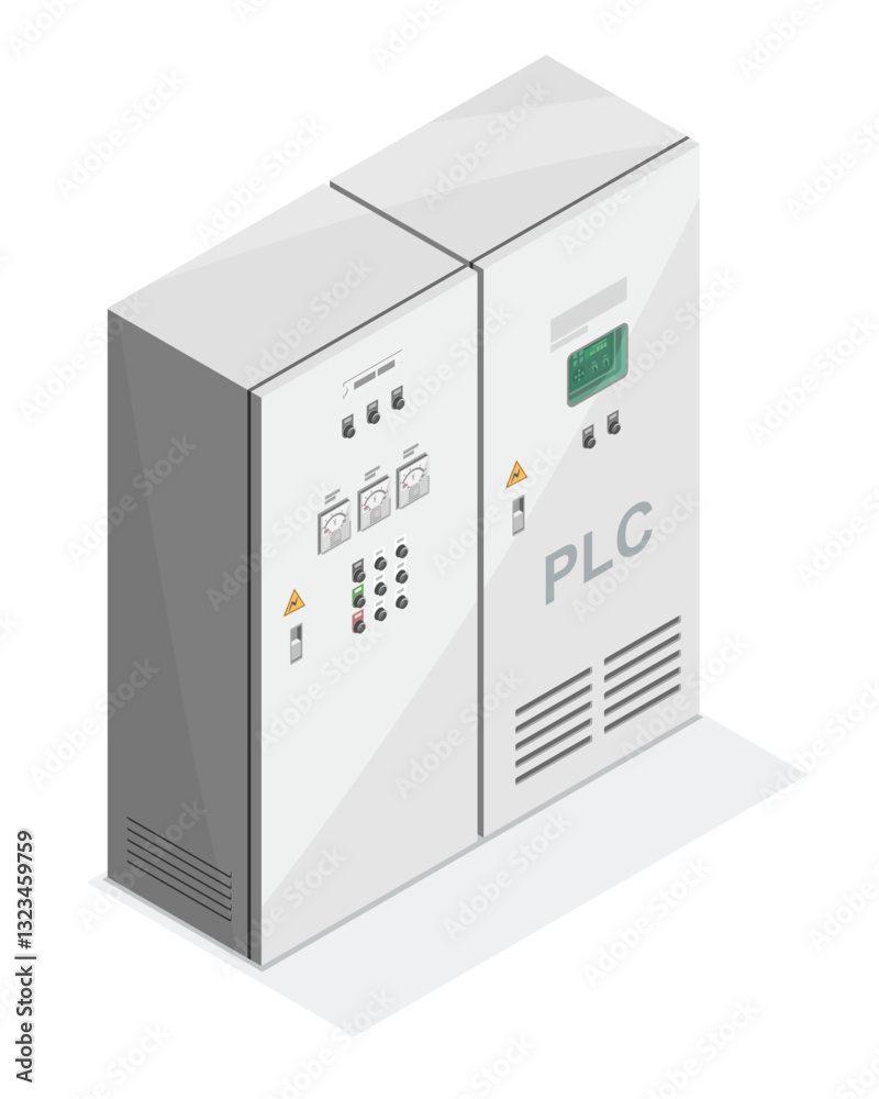Electrical control PLC cabinet box with industrial automation system in smart factory, isometric ...