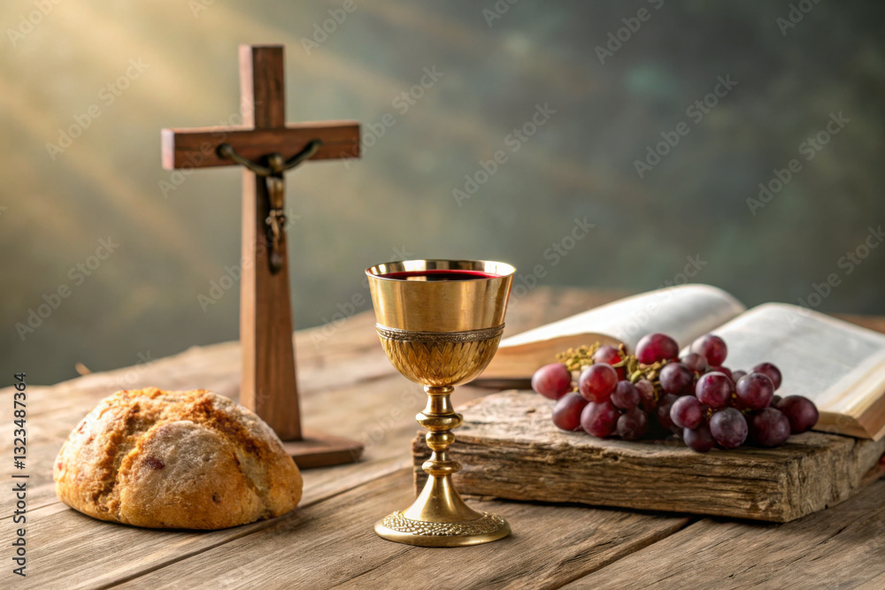 Christian communion sacraments with cross chalice bread and grapes on ...