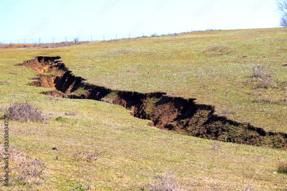 Fault line. Earthquake. Fault line visible from the surface. Ground ...