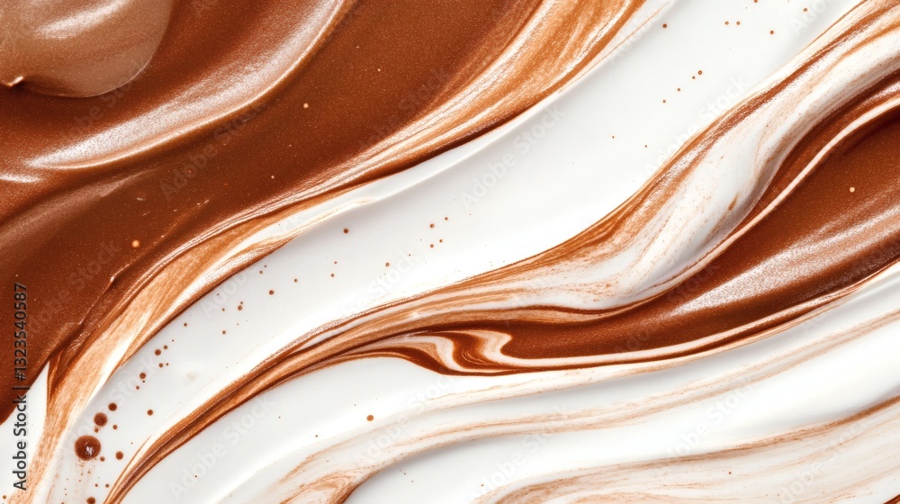 Swirls of creamy chocolate and vanilla dessert mix on a bright surface ...