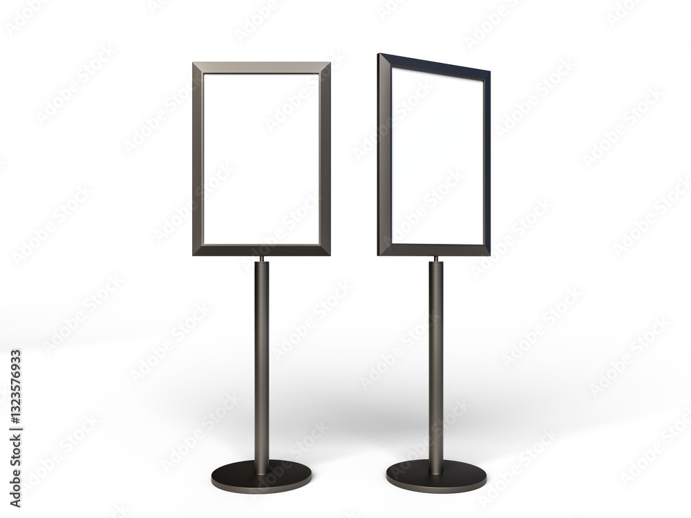 3D standing display mockup with metal base. Blank template vertical ...
