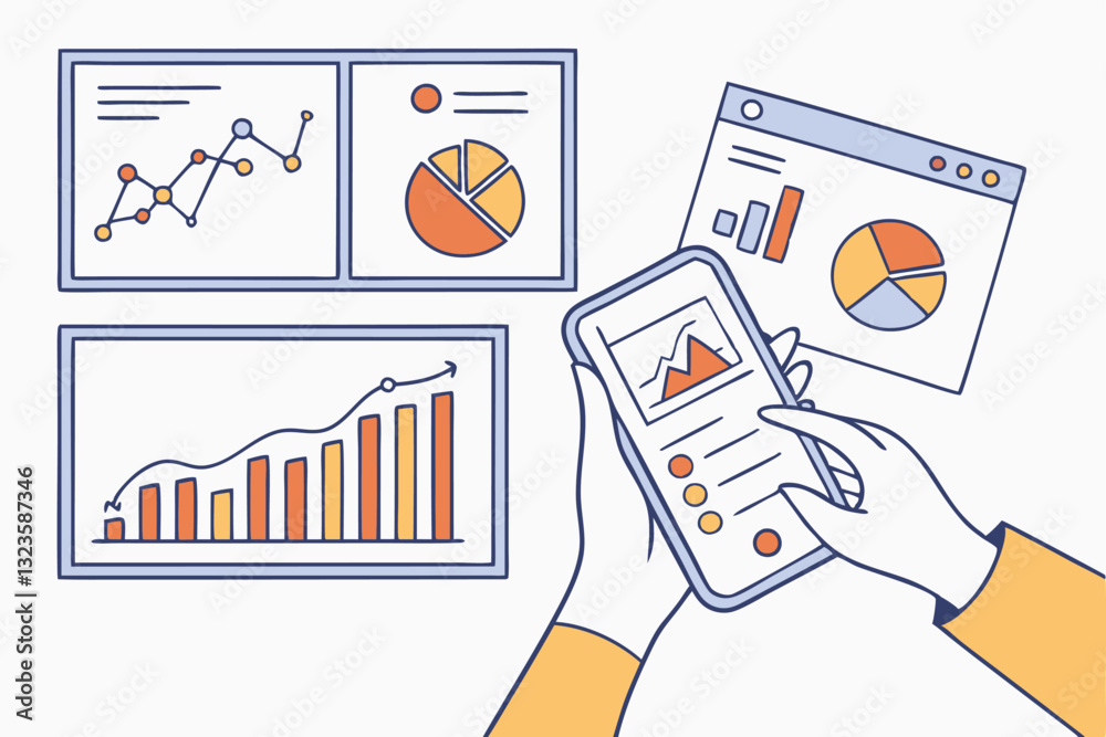 75 Business analytics, hands holding smartphone, colorful charts and ... 75 Business analytics, hands holding smartphone, colorful charts and ...